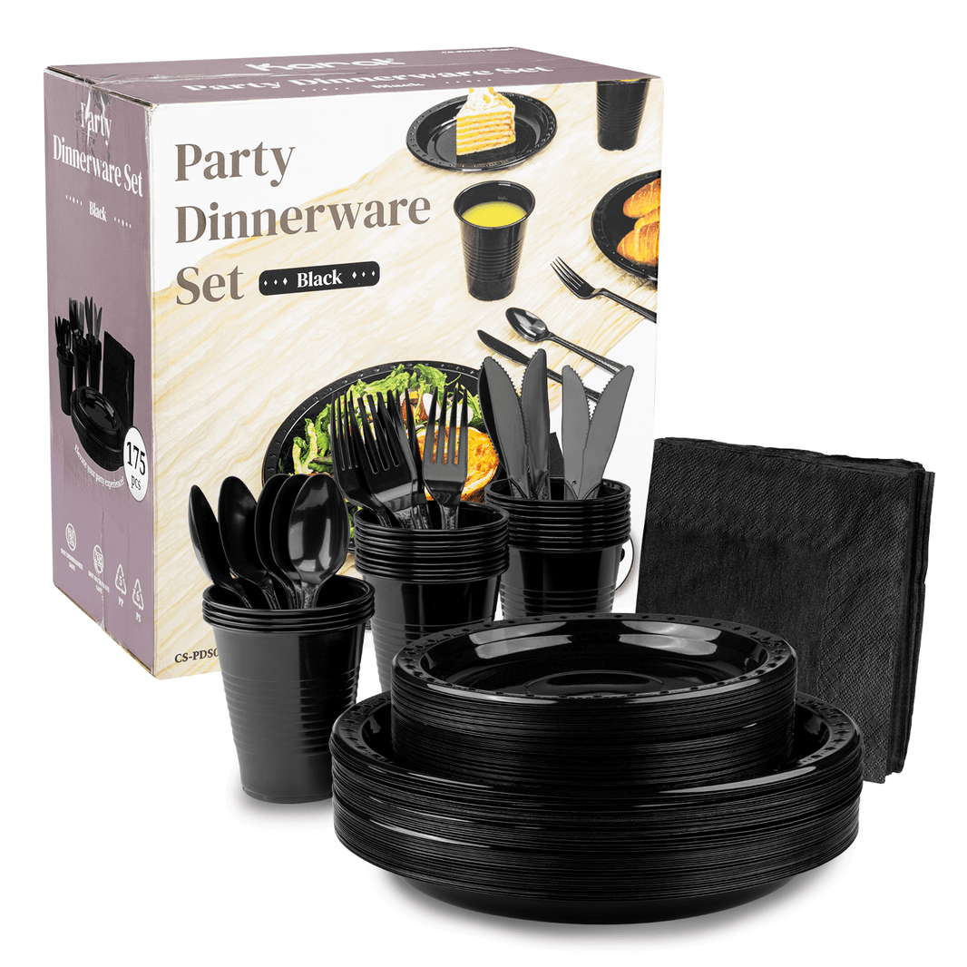 [25 sets] Black Party Dinnerware Set | Plate, Cup, Fork, Knife, Spoon ...