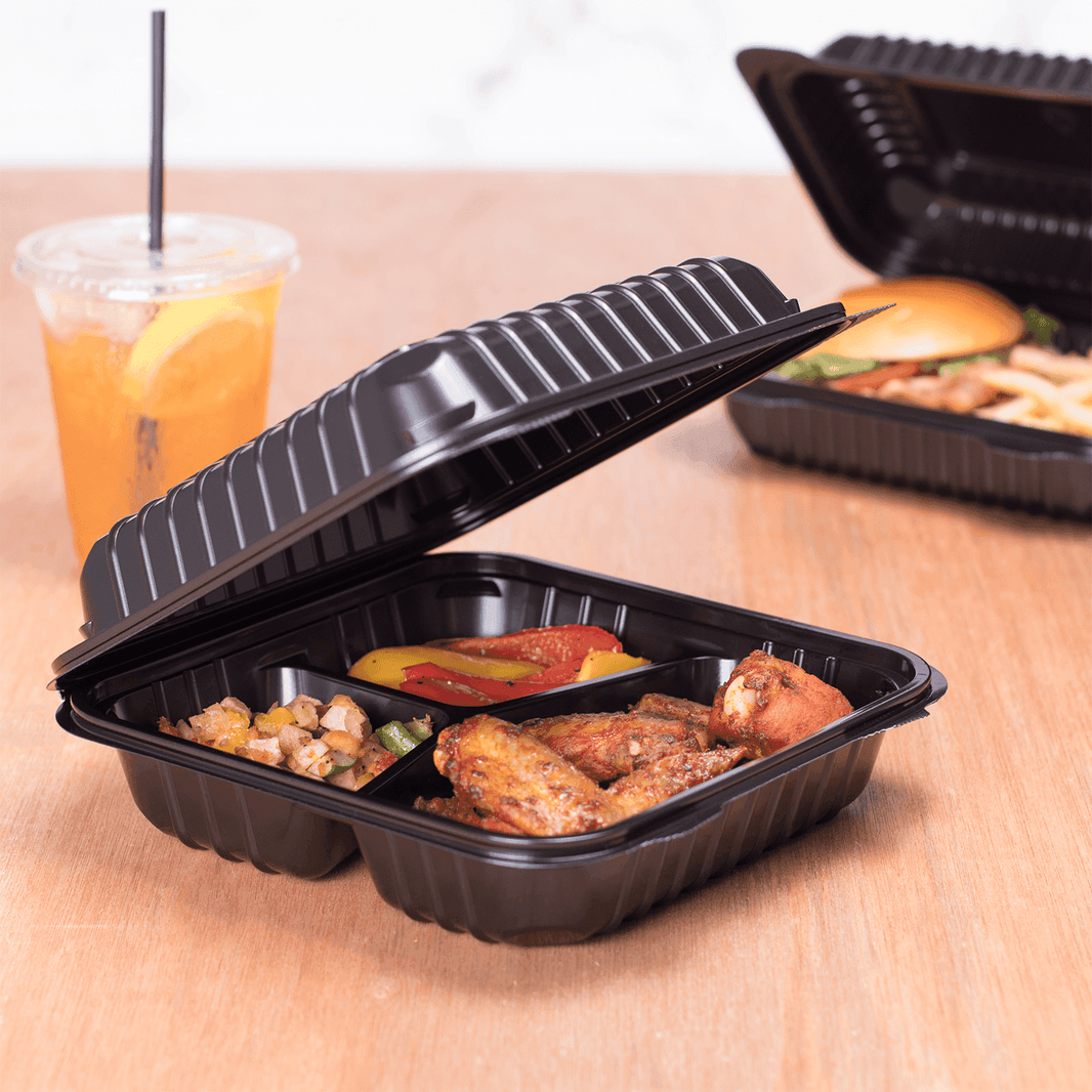 [250 ct] 8" x 8" 3-Compartment Hinged Food Containers | Black | PP ...