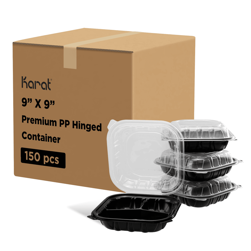 Karat 9"x 9" Premium PP Hinged Container, 3 compartments - 150 pcs