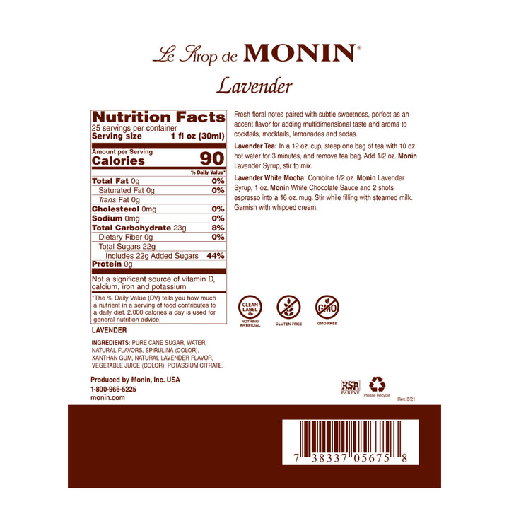 Monin Lavender Syrup - Bottle (750mL) – LollicupStore