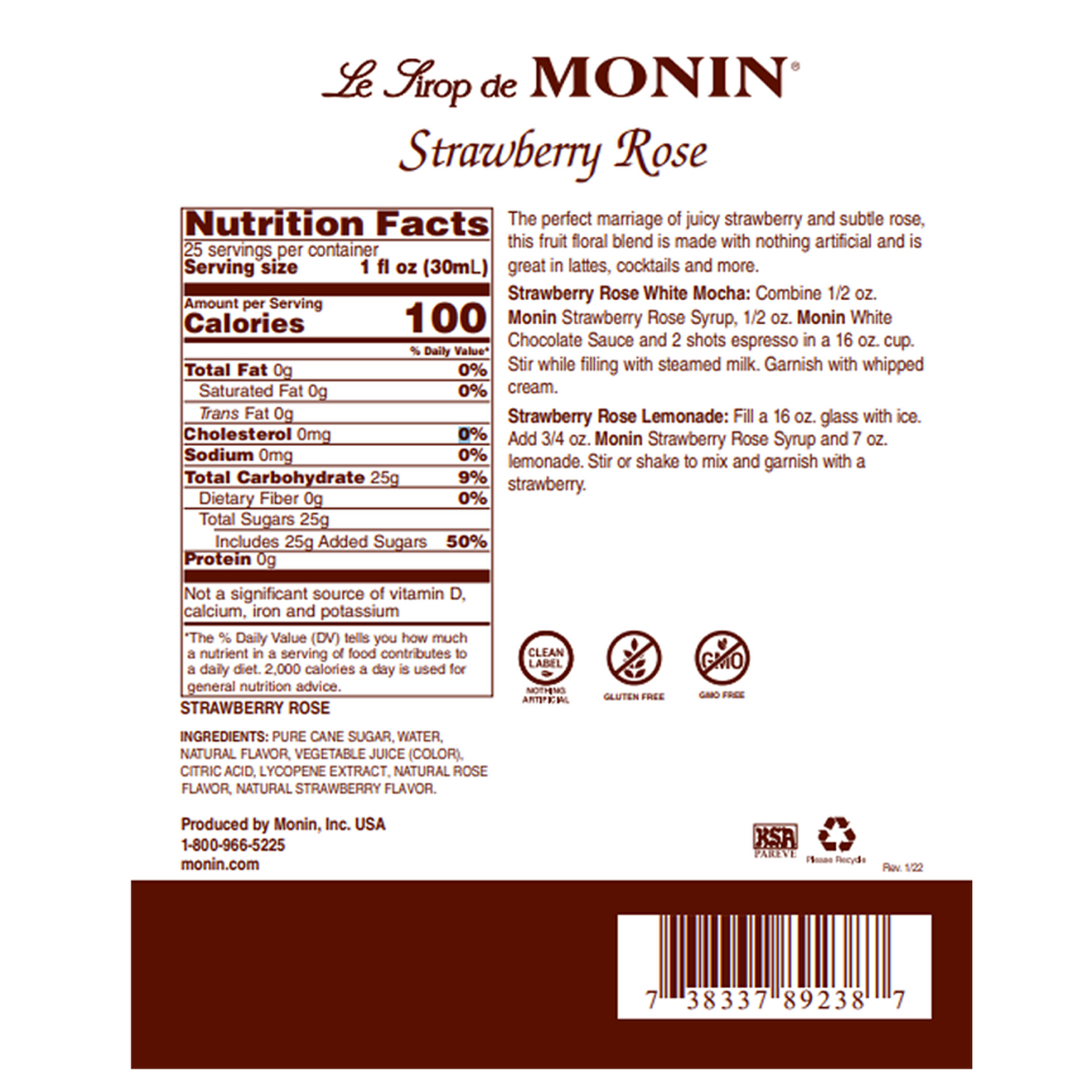 Monin Strawberry Rose Syrup - Bottle (750mL) – LollicupStore