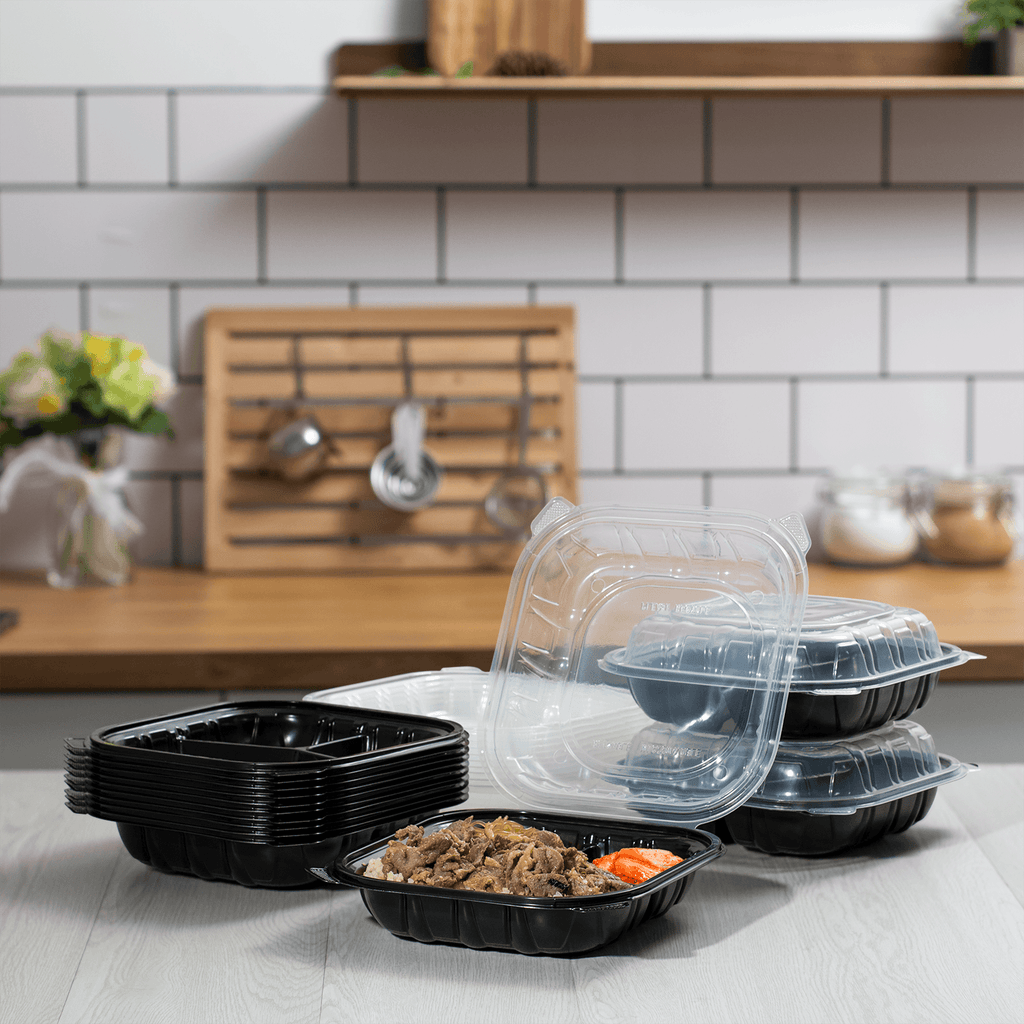 Karat 9"x 9" Premium PP Hinged Container, 3 compartments - 150 pcs